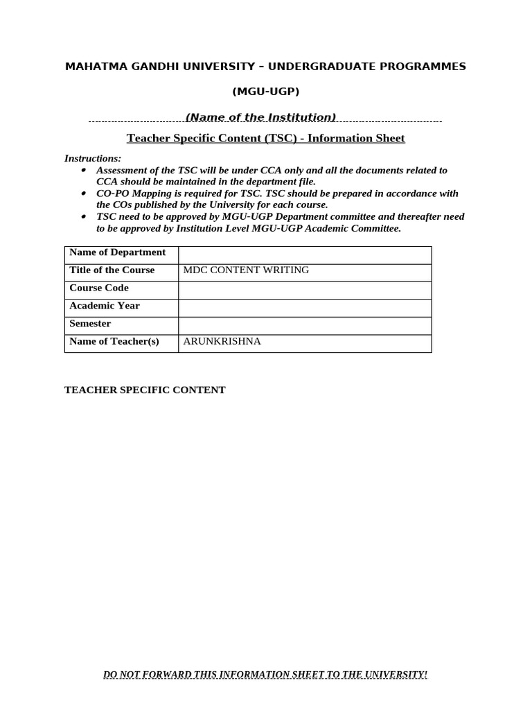 Teacher Specific Content (TSC) - Information Sheet | PDF | Writing ...