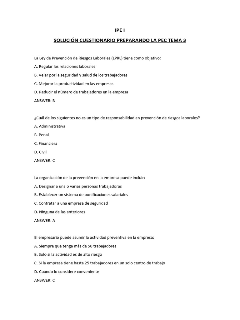 Ipe I - Soluciã N Cuestionario Preparando La Pec Tema 3 | PDF | Business | Derecho laboral