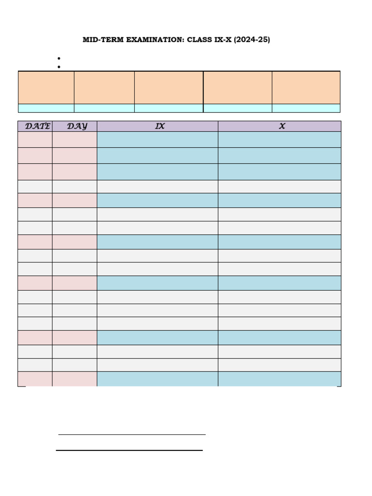 IX X Mid Term Exam Date Sheet 2024 25 | PDF