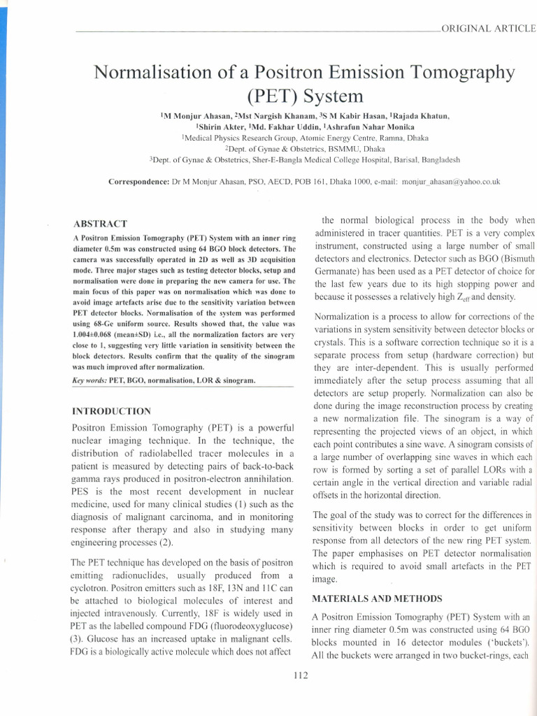 2013 - Normalisation of A Positron Emission Tomography (PET) System | PDF