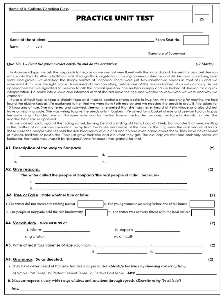 Std.11 UNIT-TEST Practice-Ativity-Sheet 1 Mod | PDF | Linguistics