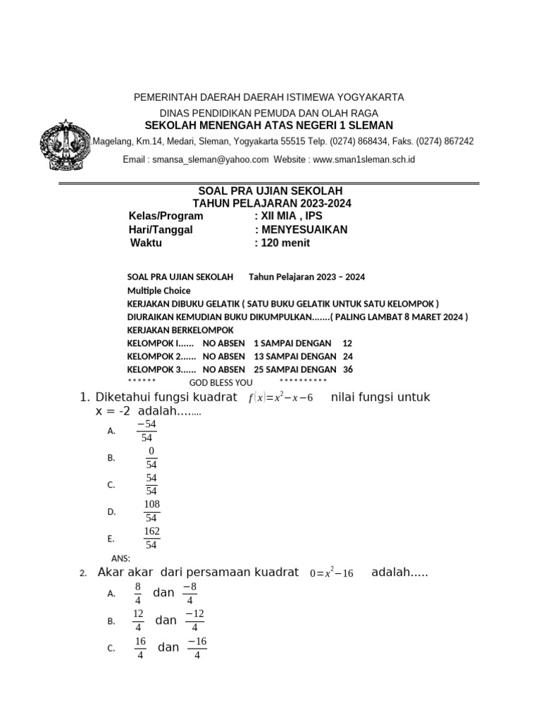 SOAL PRA UJIAN KELOMPOK TANPA KUNCI Sem 2 - 2022 2023 Mat Wajib XII IPA-IPS | PDF