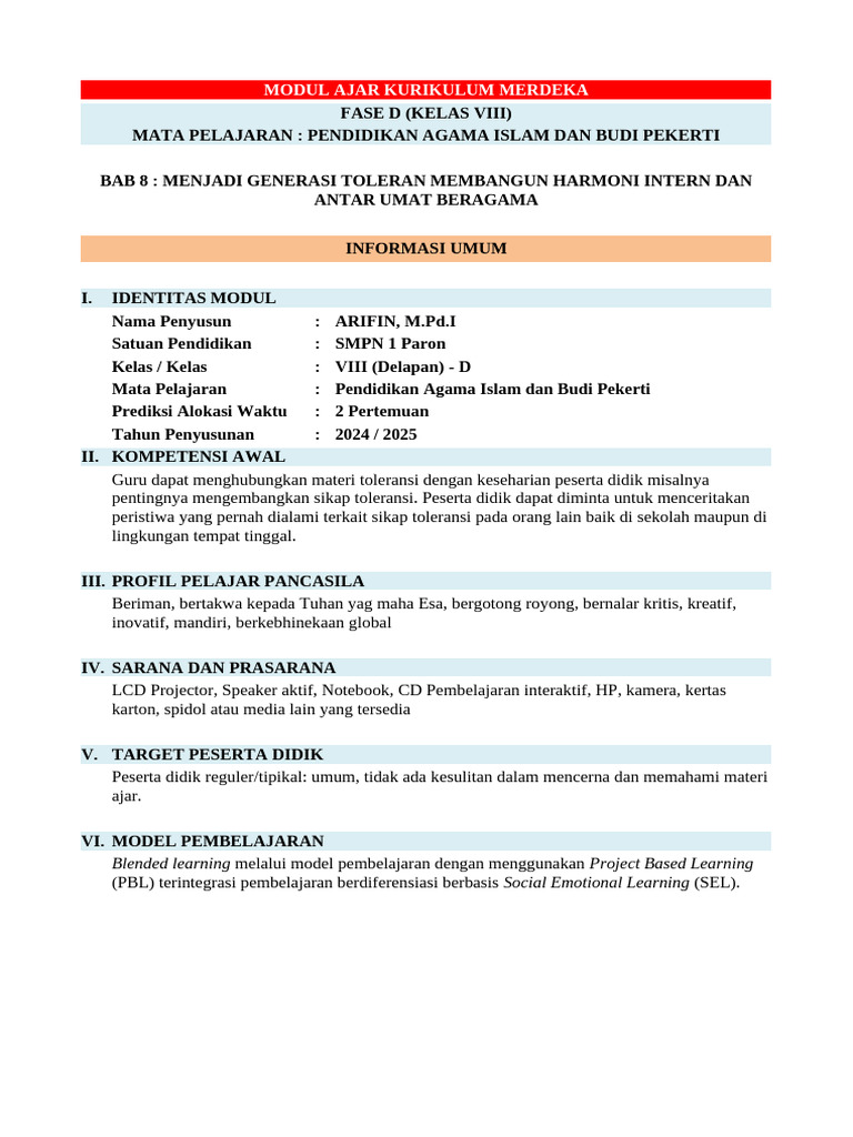 Modul Ajar PAI BP Fase D Kelas 8 Bab 8 | PDF | Karier & Perkembangan | Pengembangan Diri