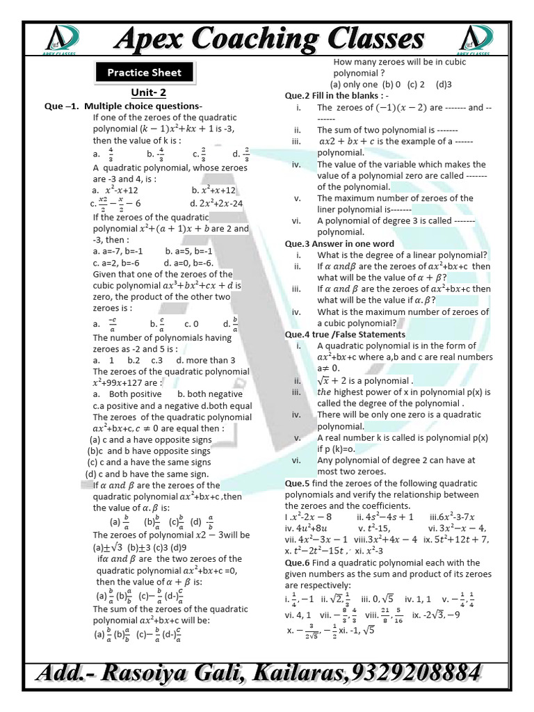 Quadratic and Cubic Polynomials MCQs | PDF | Polynomial | Zero Of A Function