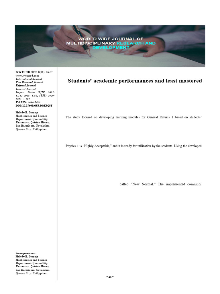 Students Academic Performances and Least Mastered Skills As Basis in ...