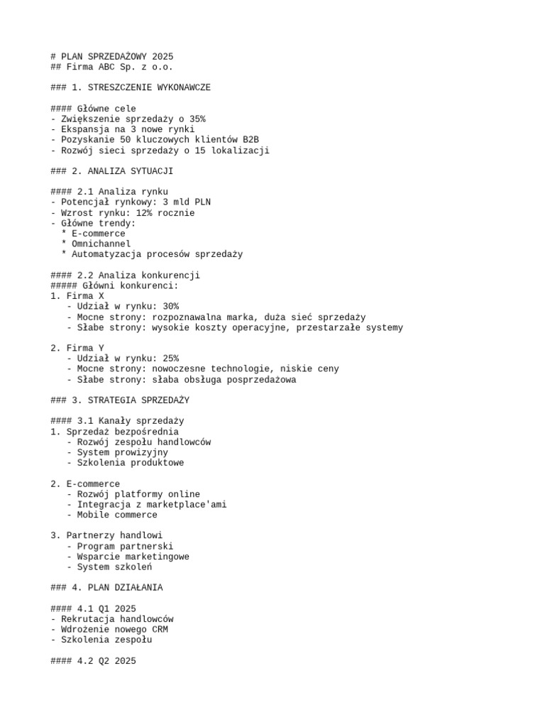 Plan Sprzedazy | PDF
