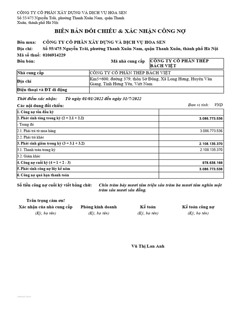 Bien Ban Doi Chieu Va Xac Nhan Cong No Phai Tra - 20220803 | PDF