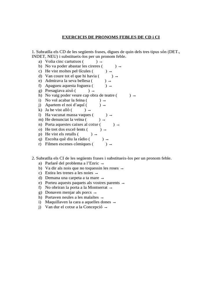 EXERCICIS DE PRONOMS FEBLES DE CD I CI | PDF