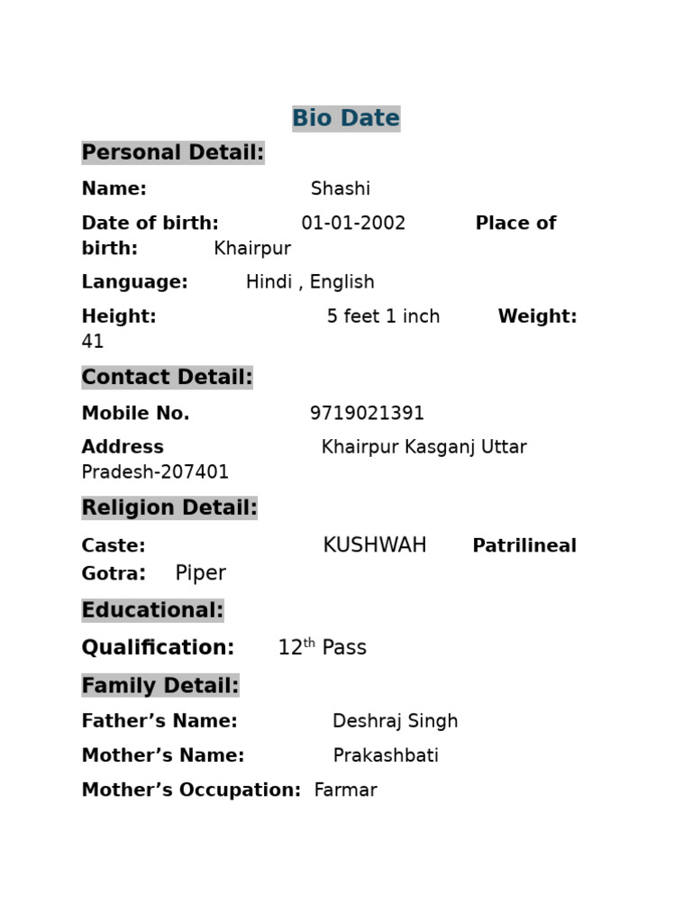 Shashi Bio Data | PDF