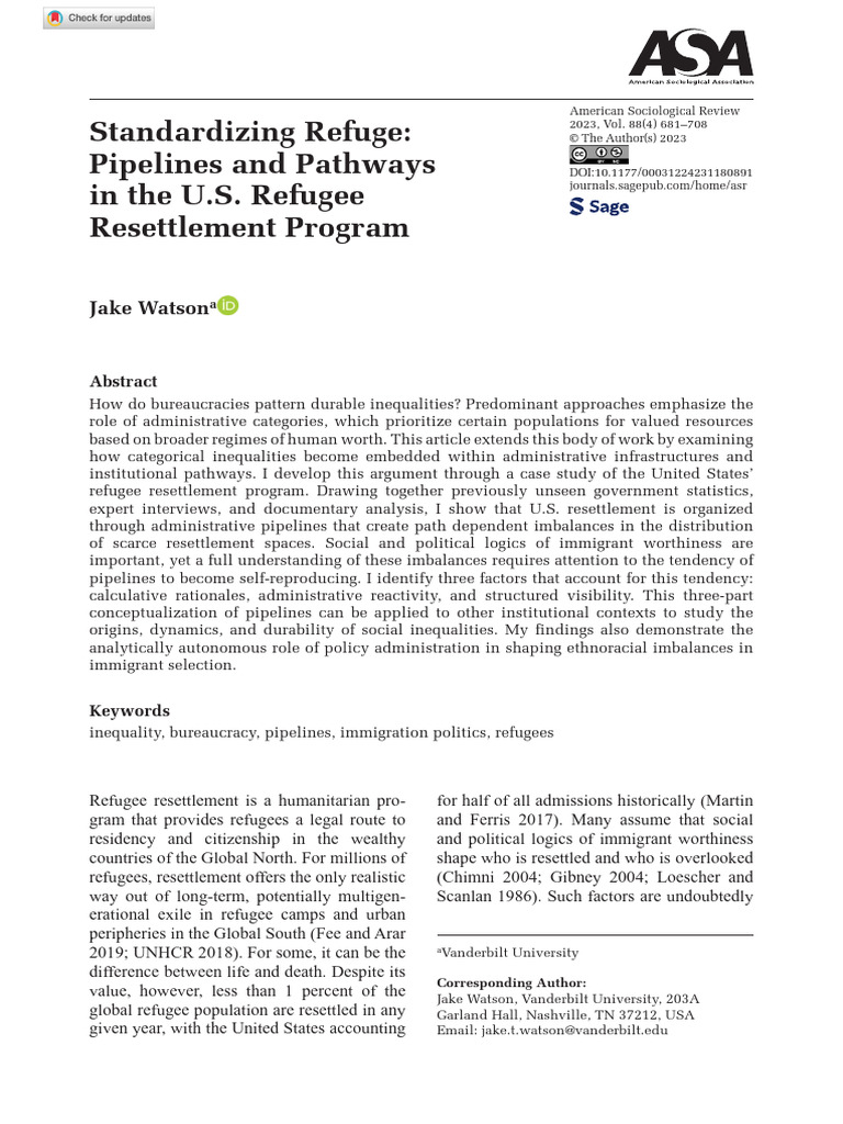 Watson 2023 Standardizing Refuge Pipelines and Pathways in The U S Refugee Resettlement Program ...