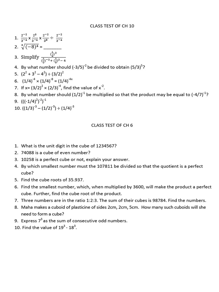 Class Test Questions on Exponents and Cubes | PDF