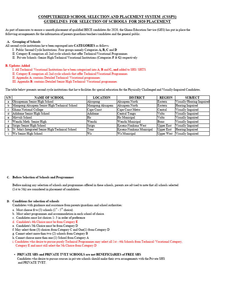 Cssps School Selection Register | PDF | Ghana