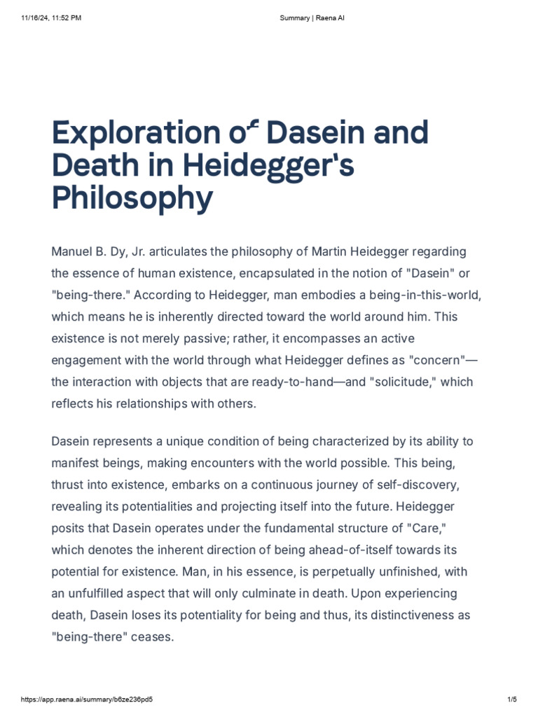 Heidegger Phenomenology of Death Summary - Raena AI | PDF | Martin ...