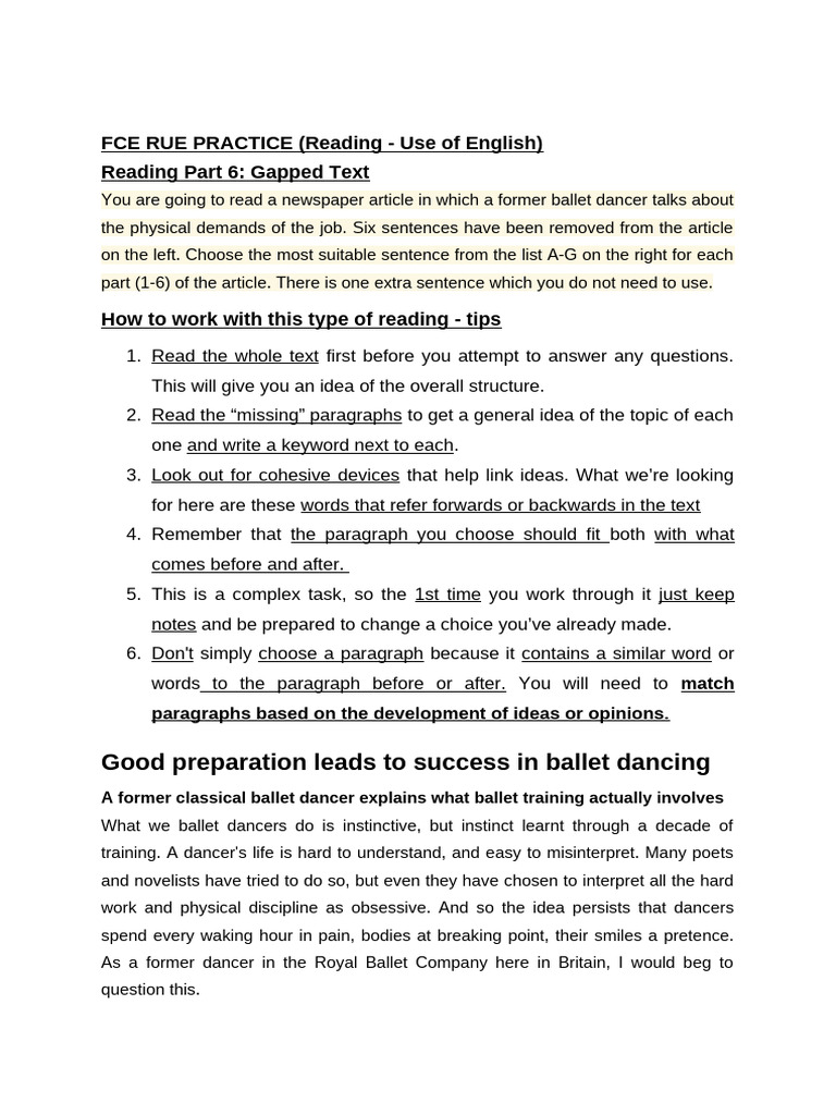 FCE Reading Part 6 (Gapped Text) In-Class Practice | PDF | Dances | Ballet