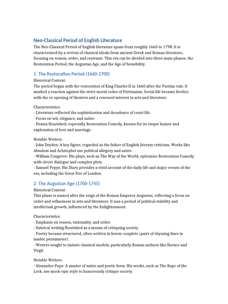 Neo-Classical English Literature Overview | PDF | English Literature