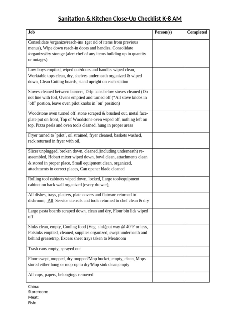 Sanitation Checklist K-8AM | PDF | Cooking, Food & Wine