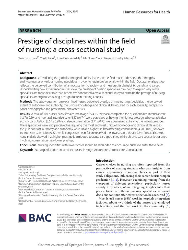 Prestige of Disciplines Within The Field of Nursin | PDF | Nursing ...