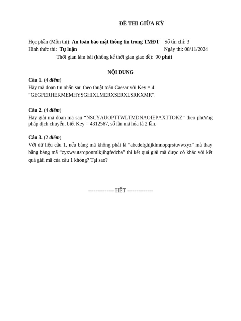 Đề Thi Giữa Kỳ Môn ATTT | PDF