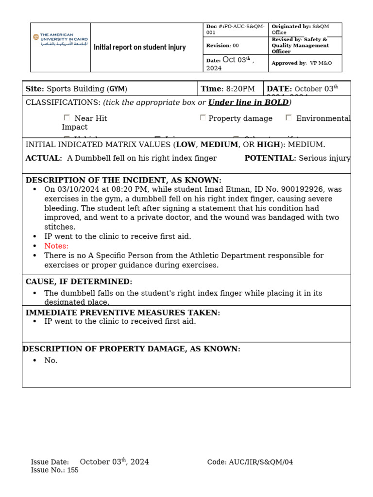 Initial Report of Student Injury, 155 | PDF