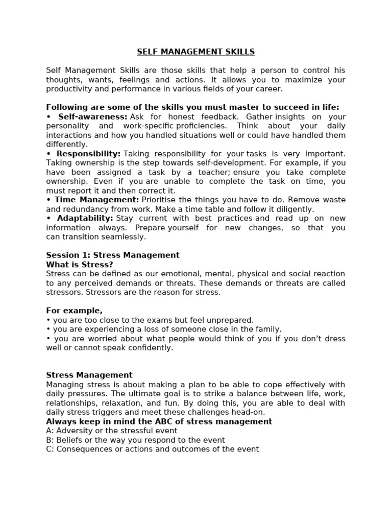Self Management Skills | PDF | Stress (Biology) | Stress Management