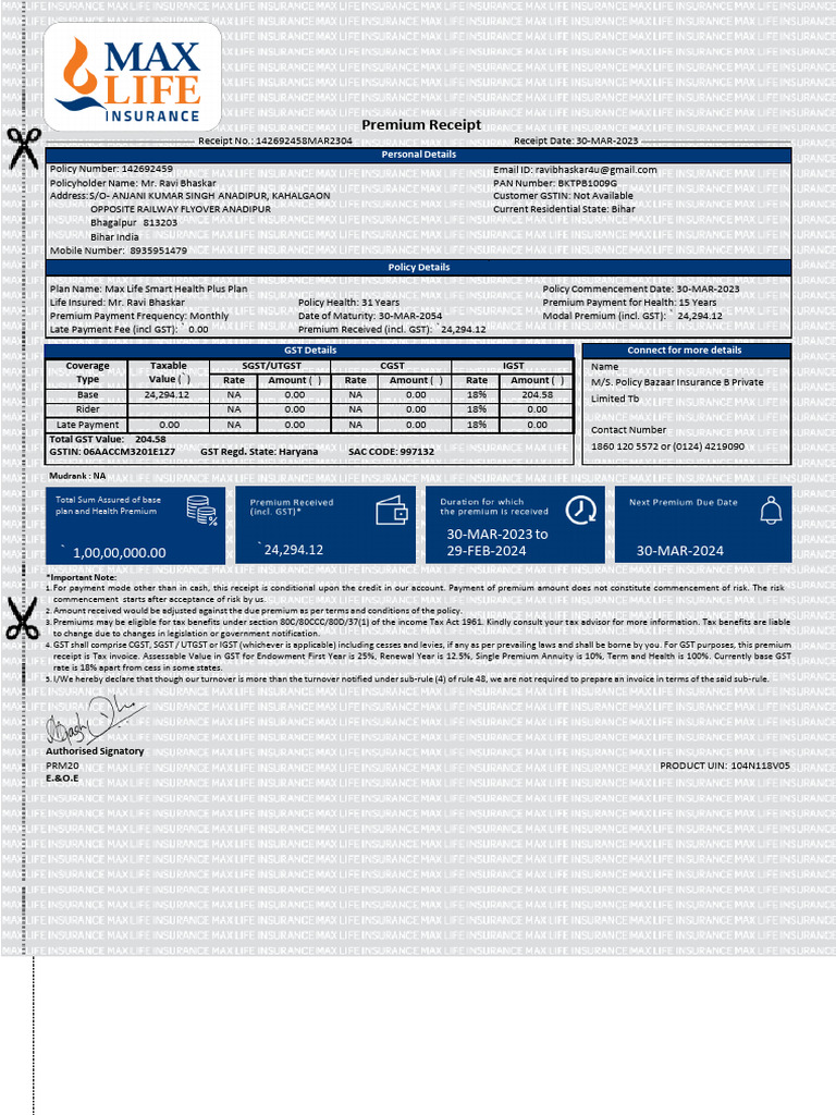 Max Life Health Plan Premium Receipt | PDF | Insurance | Taxation