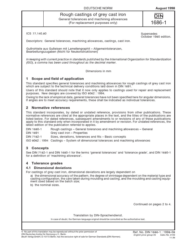 Din - 1686-1 - Rough Castings of Grey Cast Iron | PDF | Engineering ...