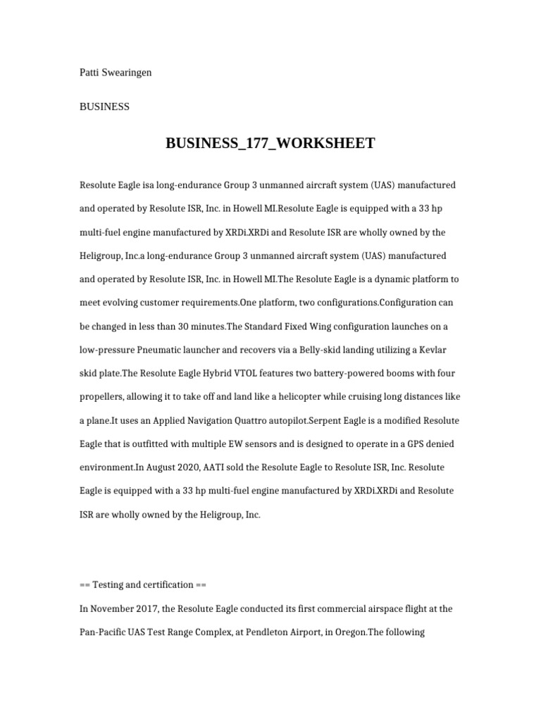 Business 177 Worksheet | PDF | Aviation | Unmanned Aerial Vehicle