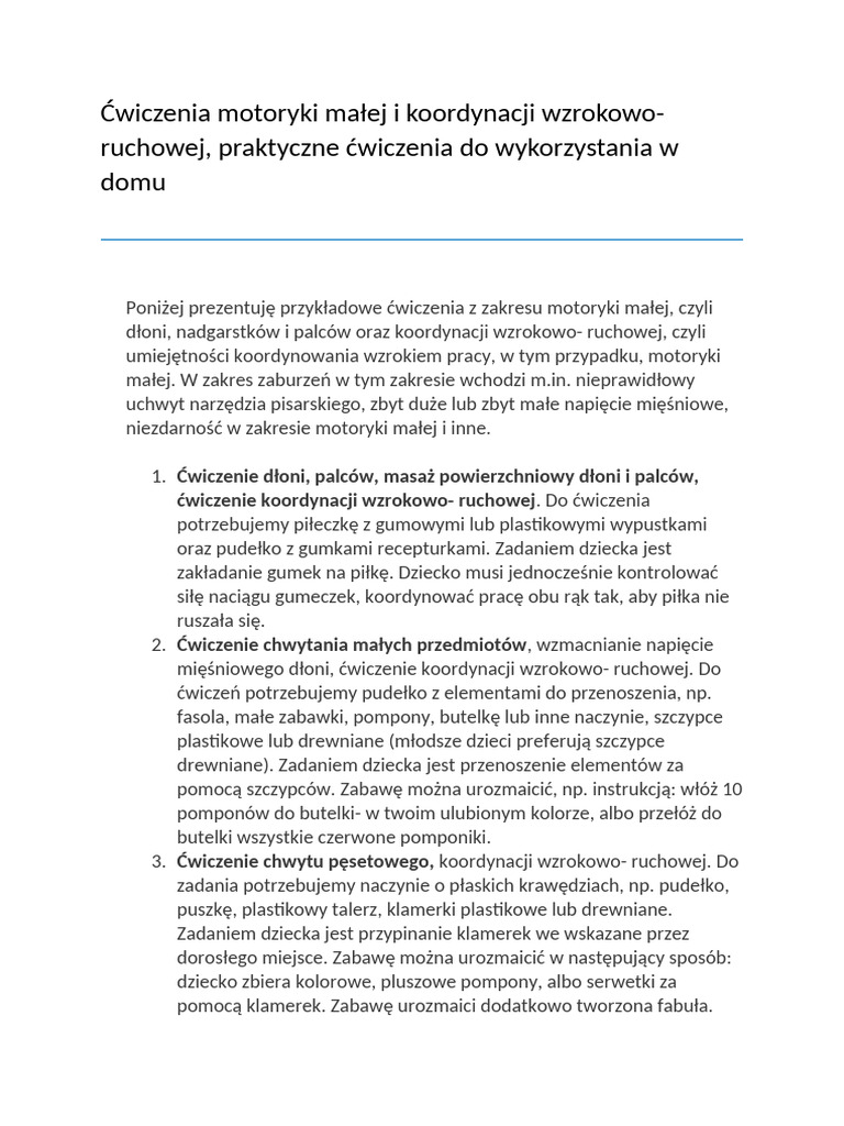 Koordynacja Motoryki Małej I Koordynacji Wzrokowo Ruchowej | PDF