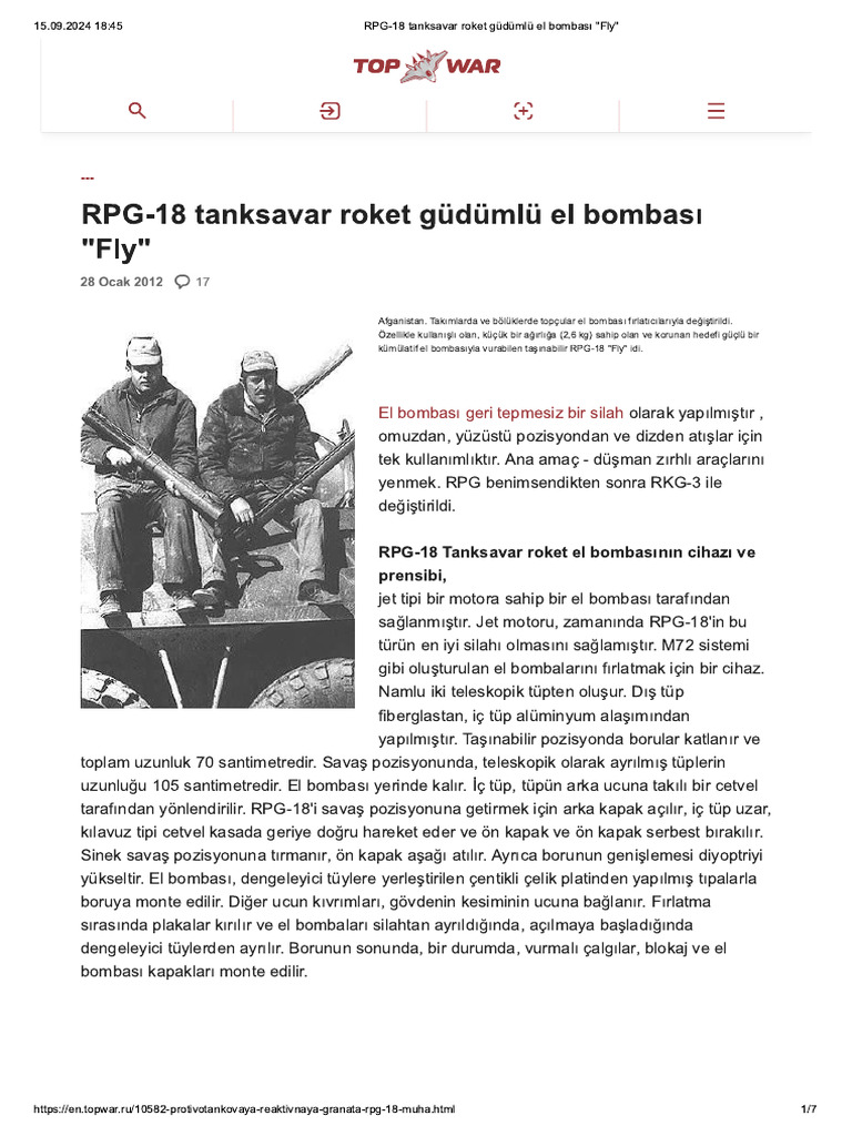 RPG-18 Tanksavar Roket Güdümlü El Bombası - Fly | PDF