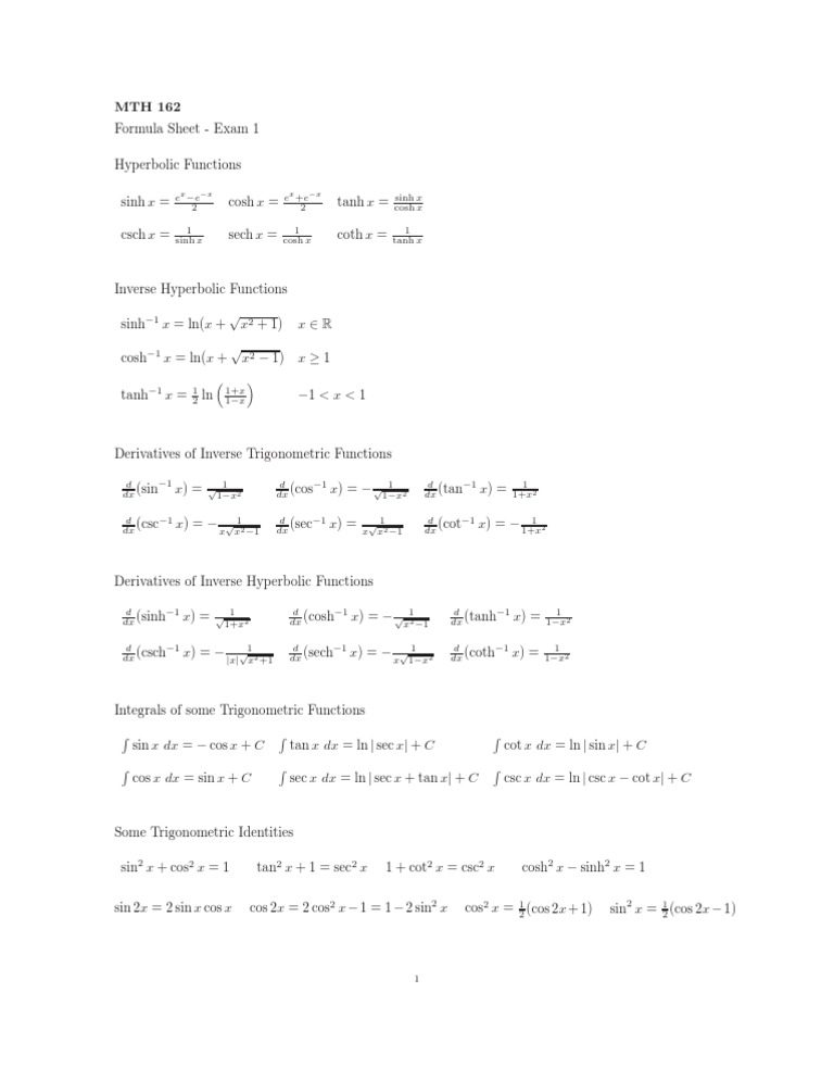 Hyperbolic Functions Pdf Trigonometric Functions Sine