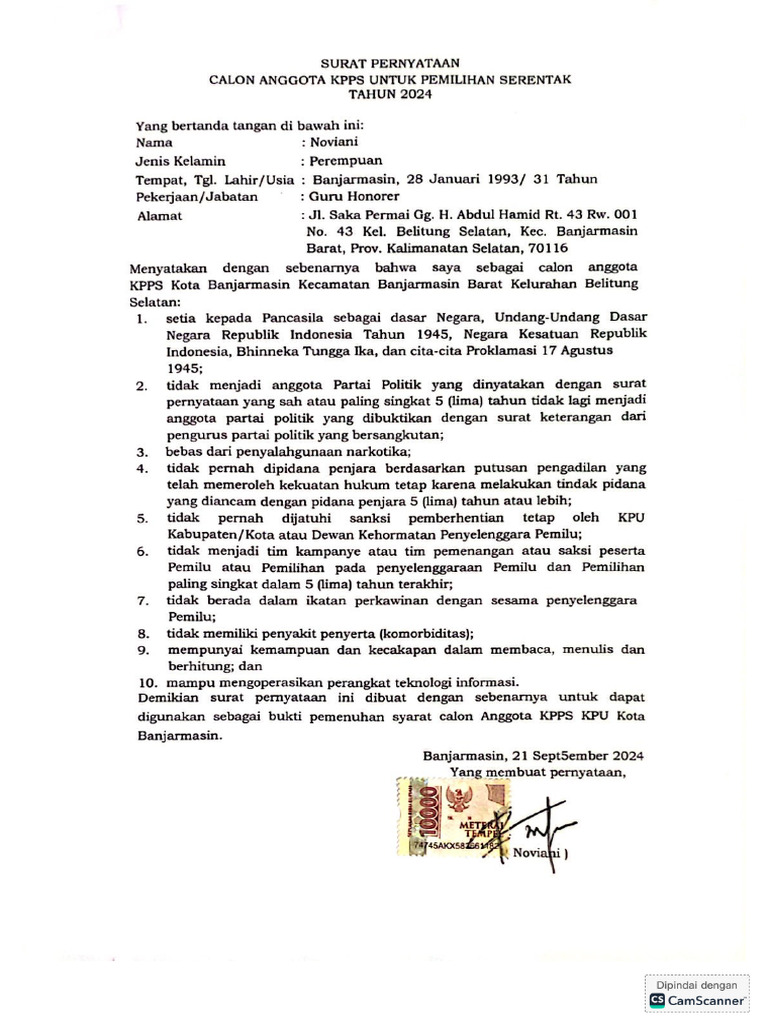 Surat Pernyataan KPPS | PDF