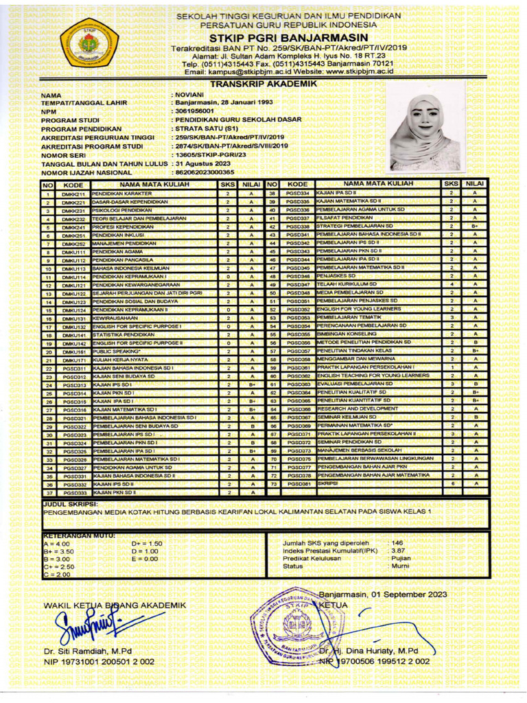 Noviani - Transkrip Akademik | PDF