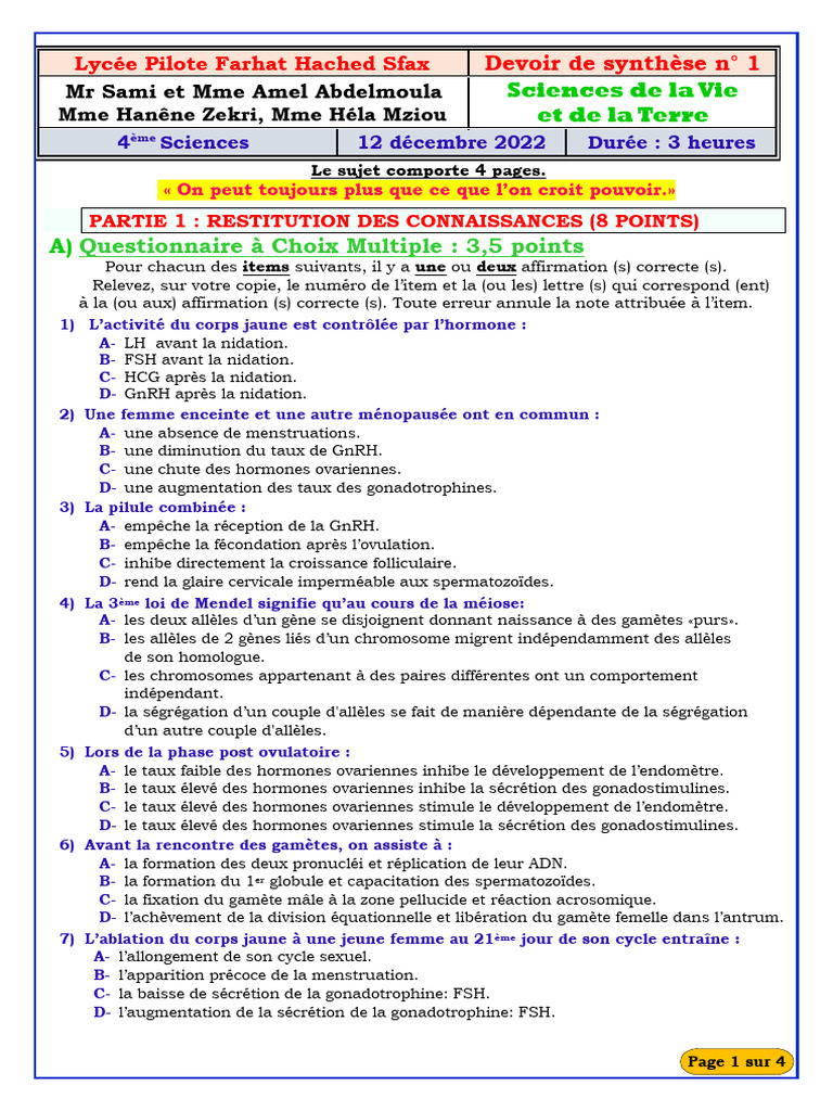 DS1 4sc 22-23 Pilote Sfax | PDF | Hybride (Biologie) | Noyau (biologie)