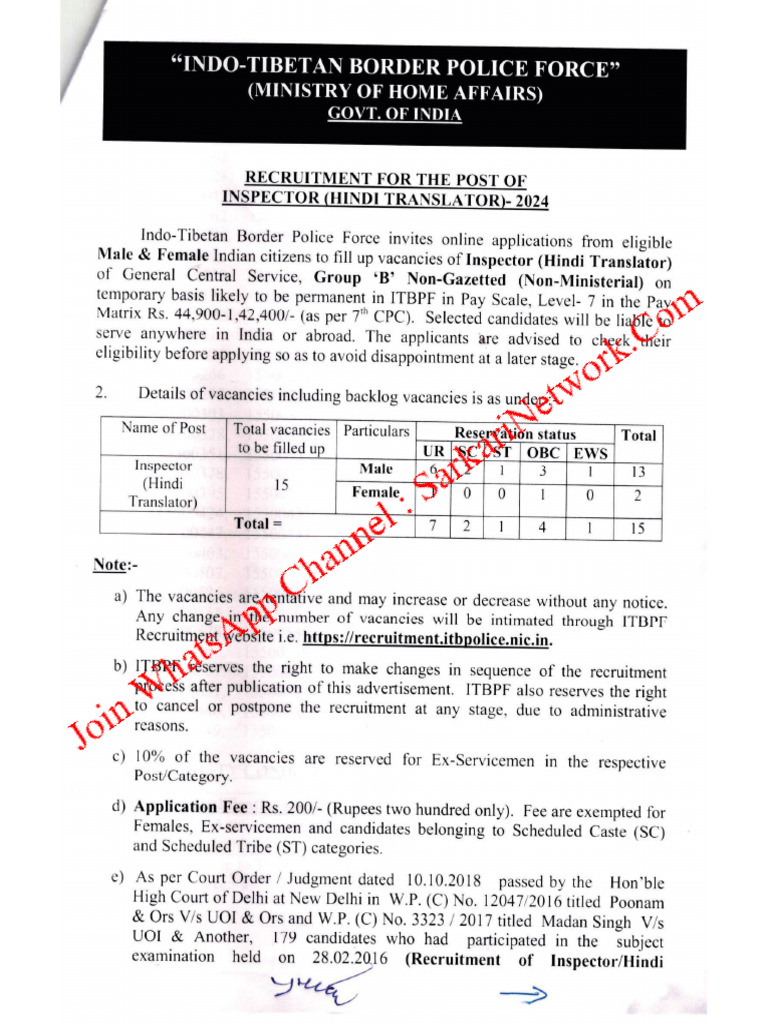 ITBP Inspector Hindi Translator Recruitment 2024 Short Notice | PDF