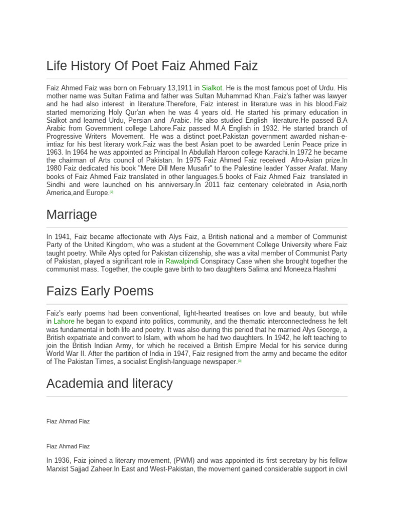 Life History Of Poet Faiz Ahmed Faiz Pdf