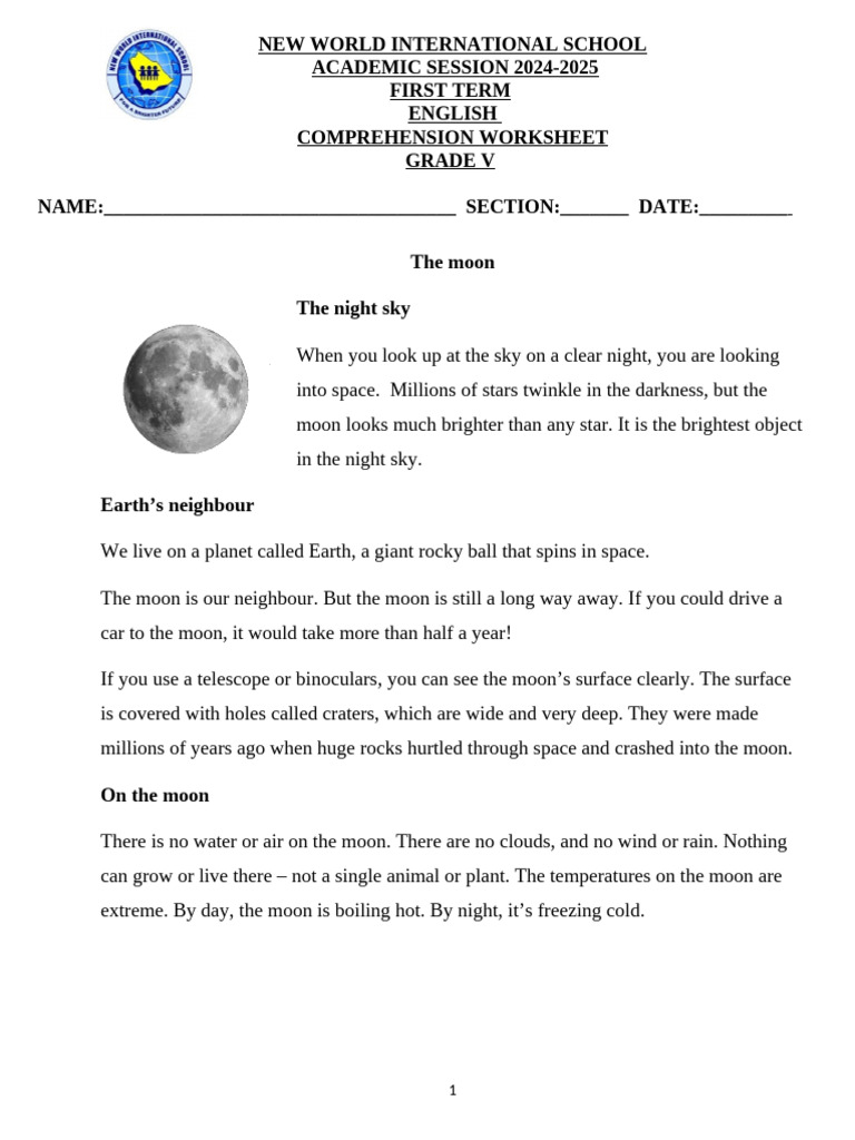 Moon Exploration Comprehension Worksheet | PDF | Moon | Sky