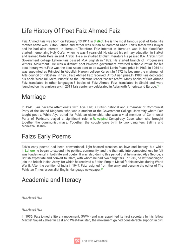 Life History of Poet Faiz Ahmed Faiz | PDF