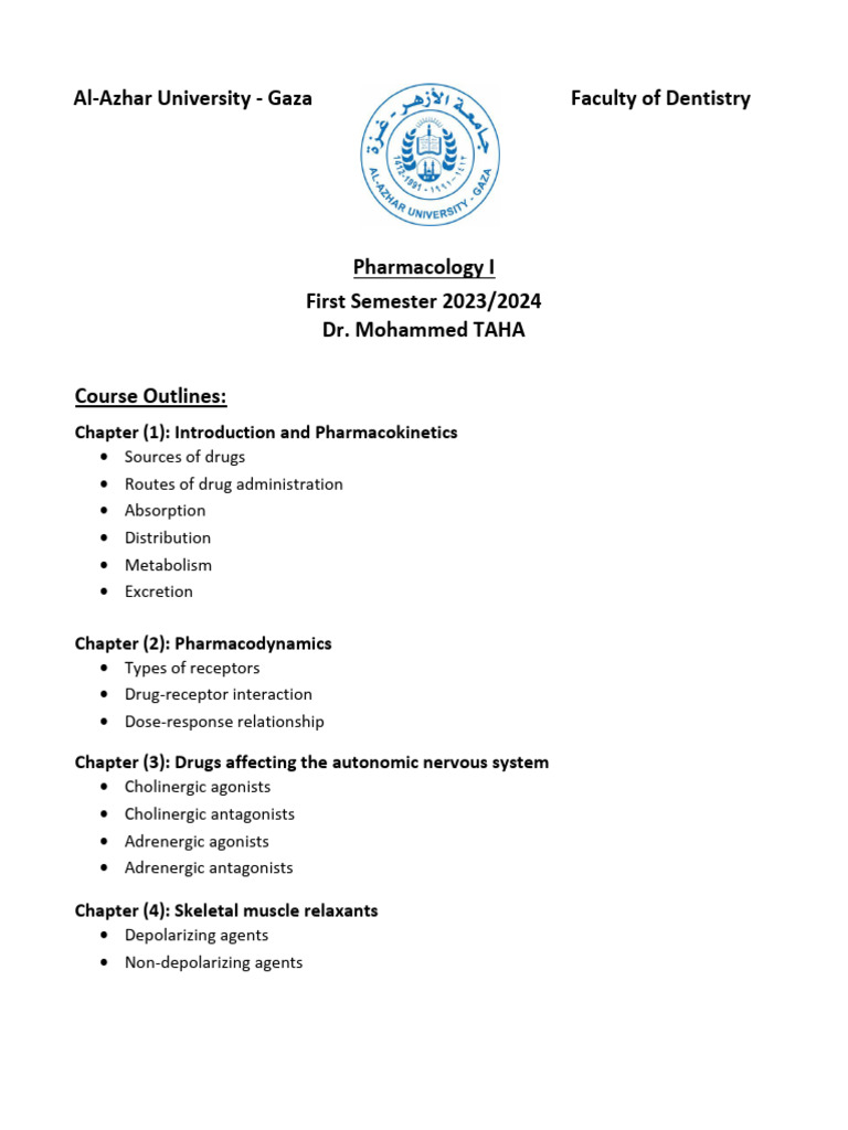 Pharmacology I Course Outline 2023/24 | PDF | Self-Improvement | Wellness