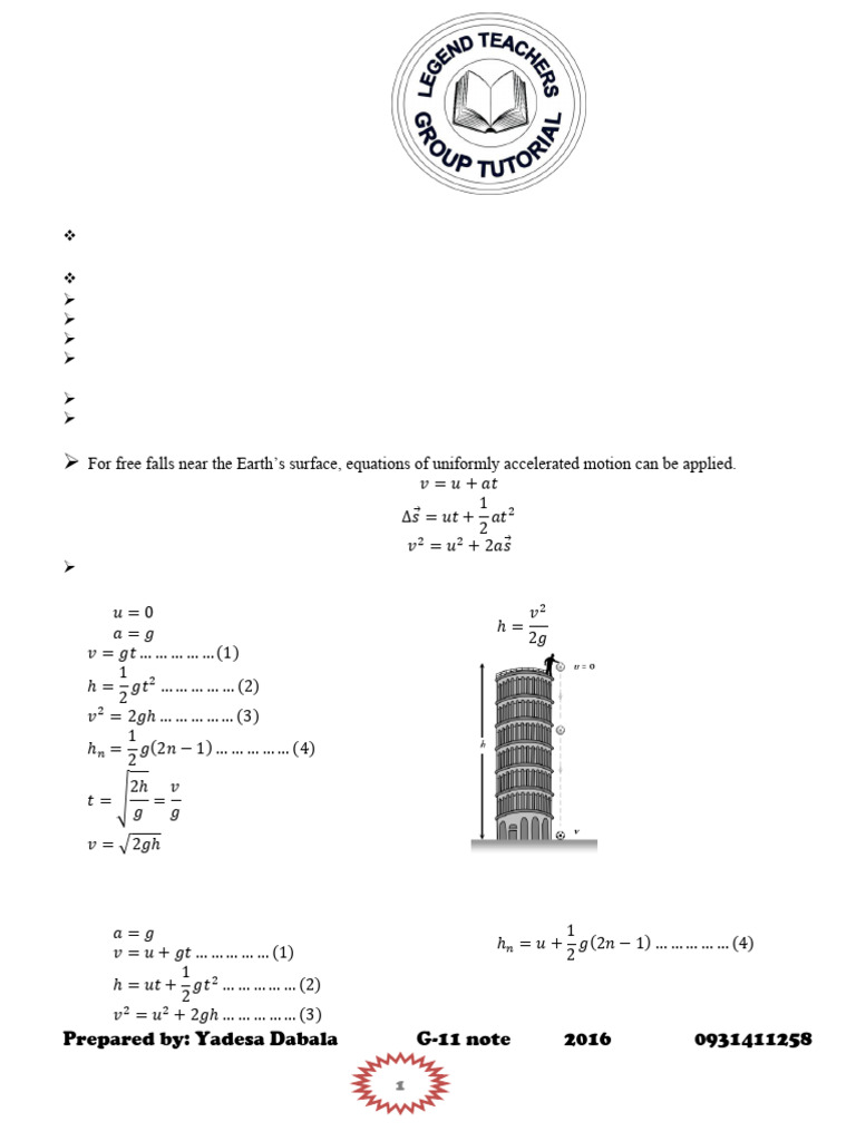 G-11 Short Note Legend Teachers Group Tutorial | PDF | Force | Acceleration