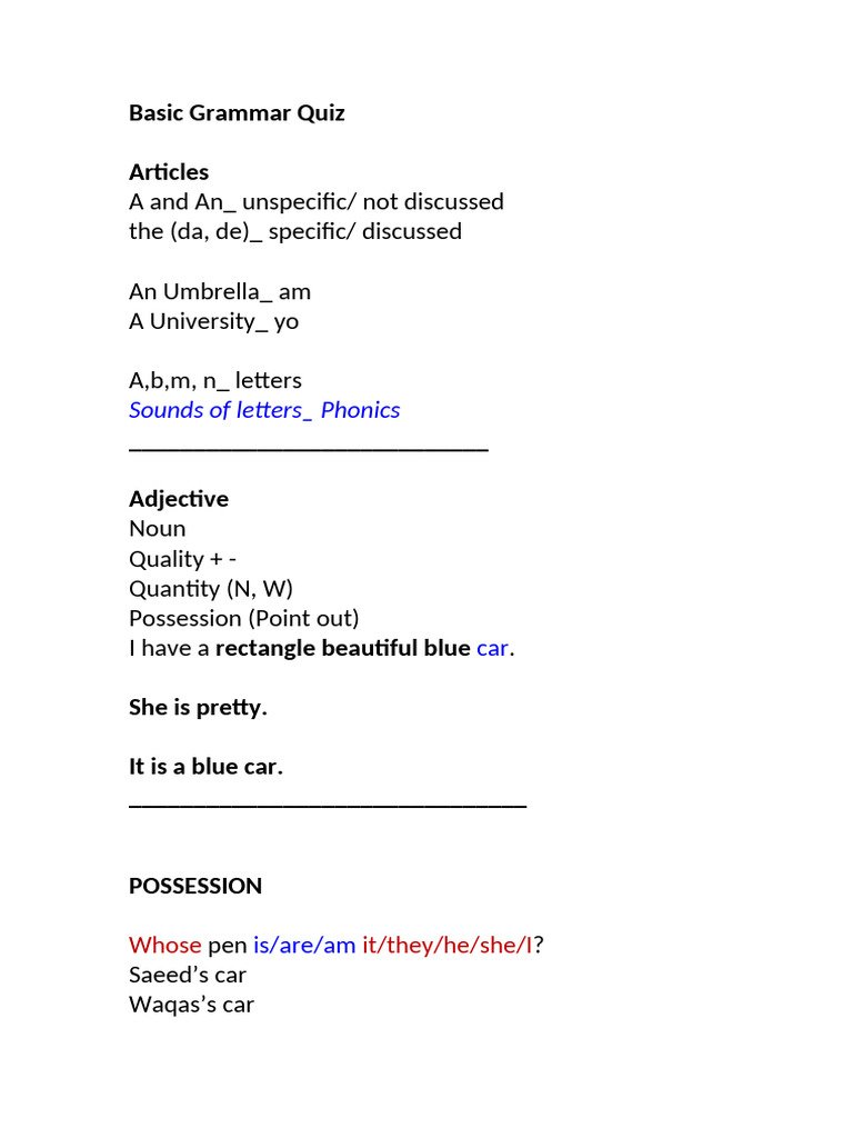 24032911111607basic Grammar Quiz | PDF