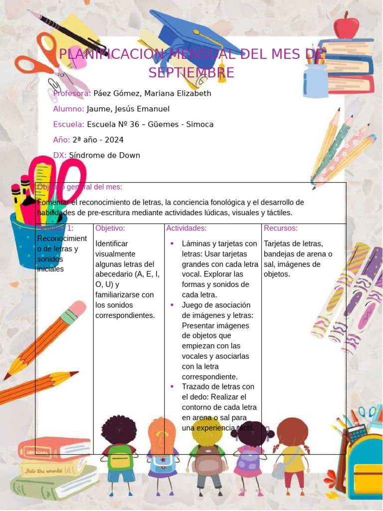 Planificación Septiembre: Aprendizaje Letras | PDF