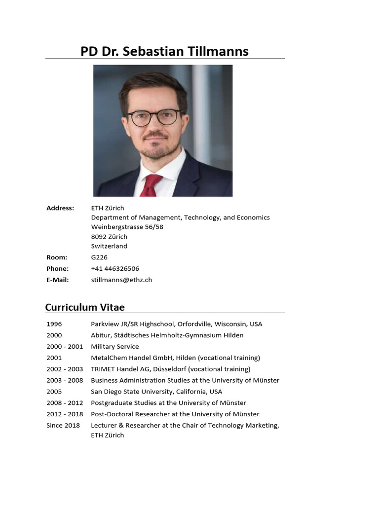 CV ETH Dr. Sebastian Tillmanns | PDF | Business Economics | Business
