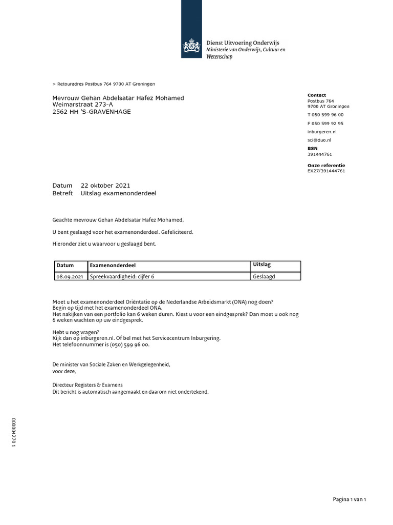 EX27 Uitslag Examenonderdeel 22-10-2021 | PDF