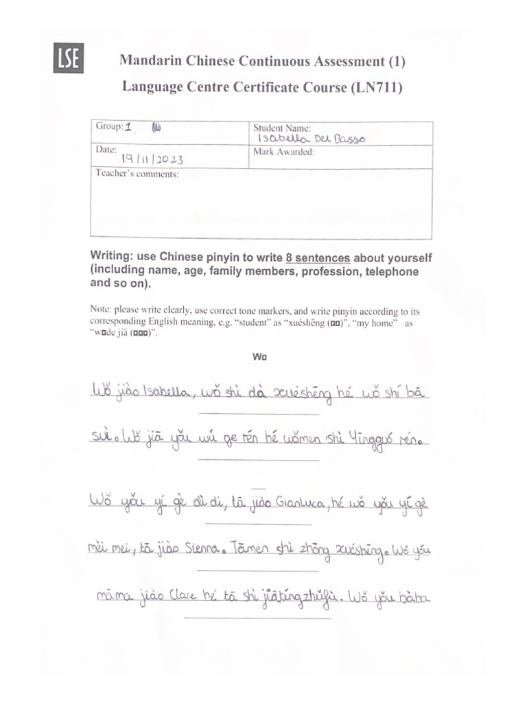 Mandarin Chinese Continuous Assessment (1), Isabella Del Basso | PDF