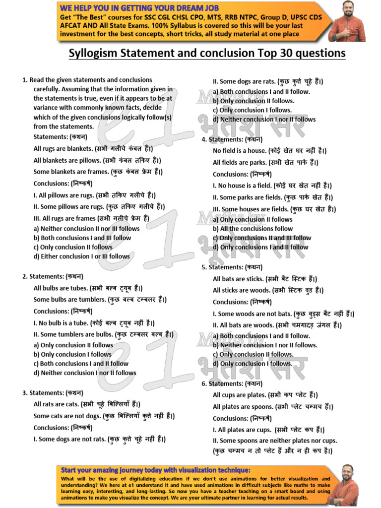 Syllogism Statement and Conclusion Top 30 Questions | PDF