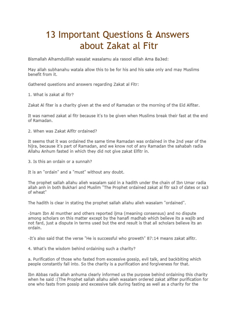 13 Important Questions Regarding Zakat Al-Fitr (Notes) - Sheikh Ahmad ...