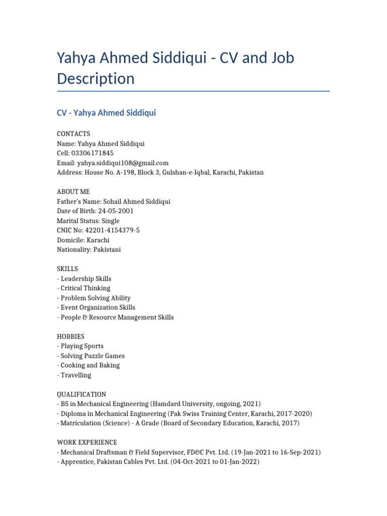 Yahya Ahmed Siddiqui Updated CV Job Description | PDF | Engineering