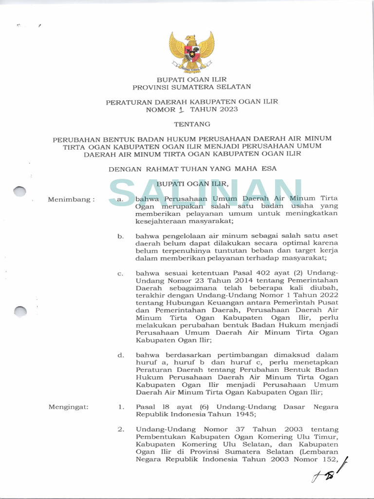 PERDA NO. 1 TAHUN 2023 - Perubahan Bentuk Badan Hukum PDAM Tirta Ogan Menjadi Perumda Air Minum ...