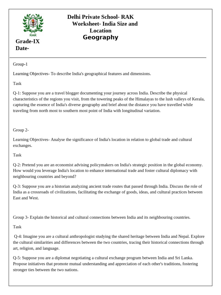 India Size and Location Worksheet | PDF | Geography | Liberal Arts ...