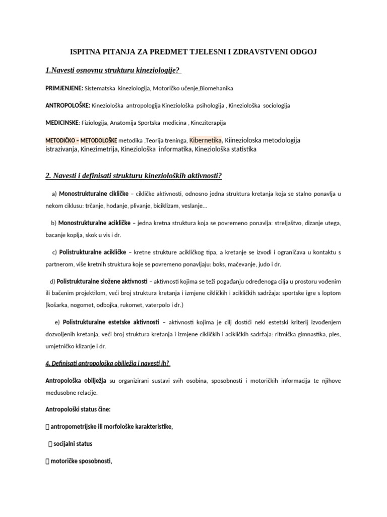Ispitna Pitanja Za Predmet Tjelesni I Zdravstveni Odgoj | PDF